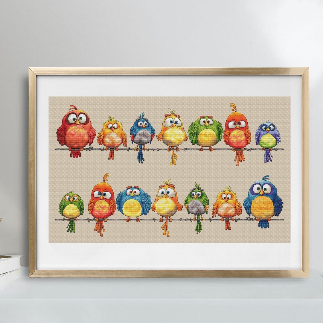 Funny Birds on a Wire Cross Stitch Pattern: Whimsical Hand Embroidery ...