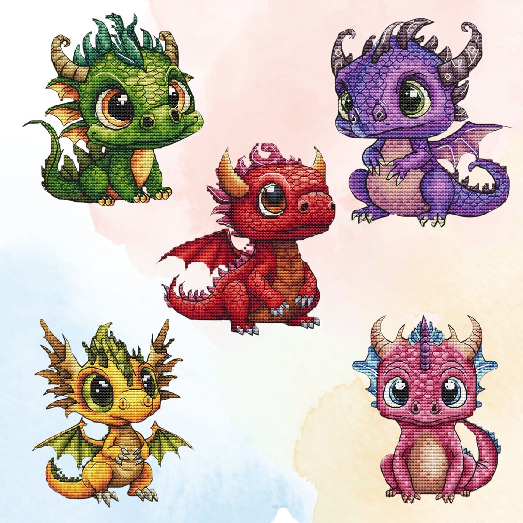 Set of 5 Cross Stitch Pattern Dragon. Digital Pattern Fantasy Baby ...
