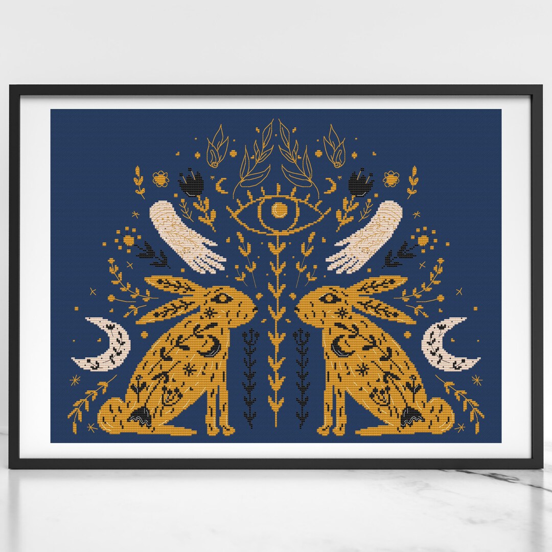 Moon Rabbit. Witchy Cross Stitch Pattern. Monochrome Sampler Cross ...