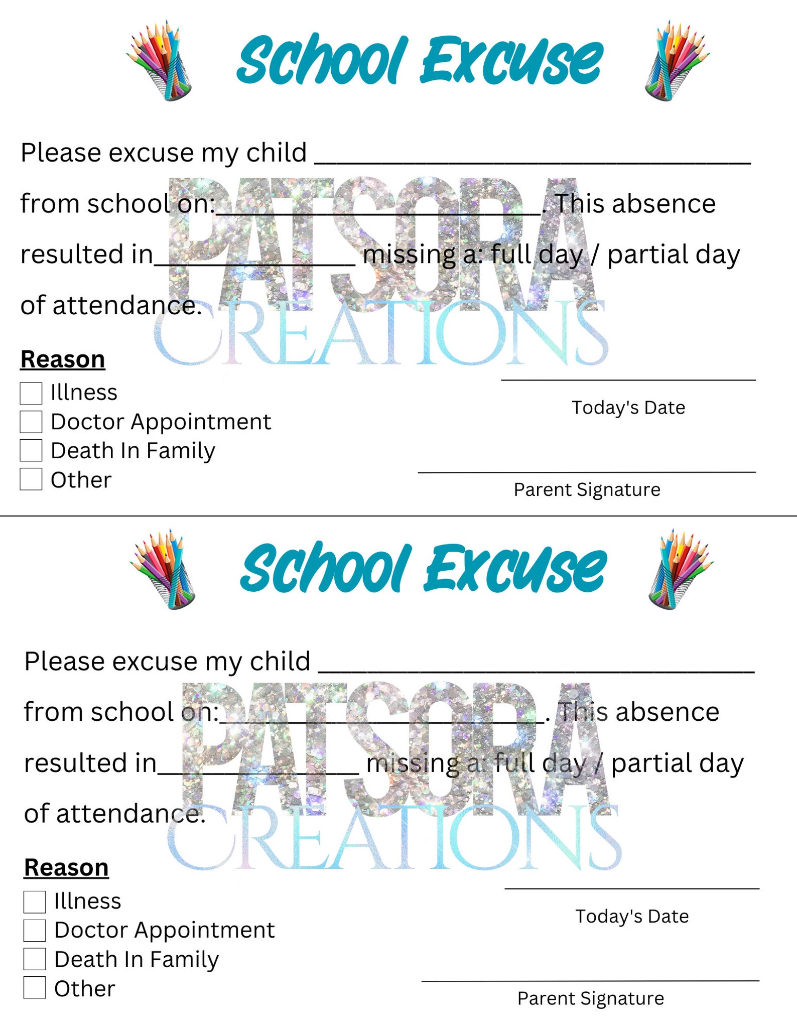 School Excuse Template - Etsy