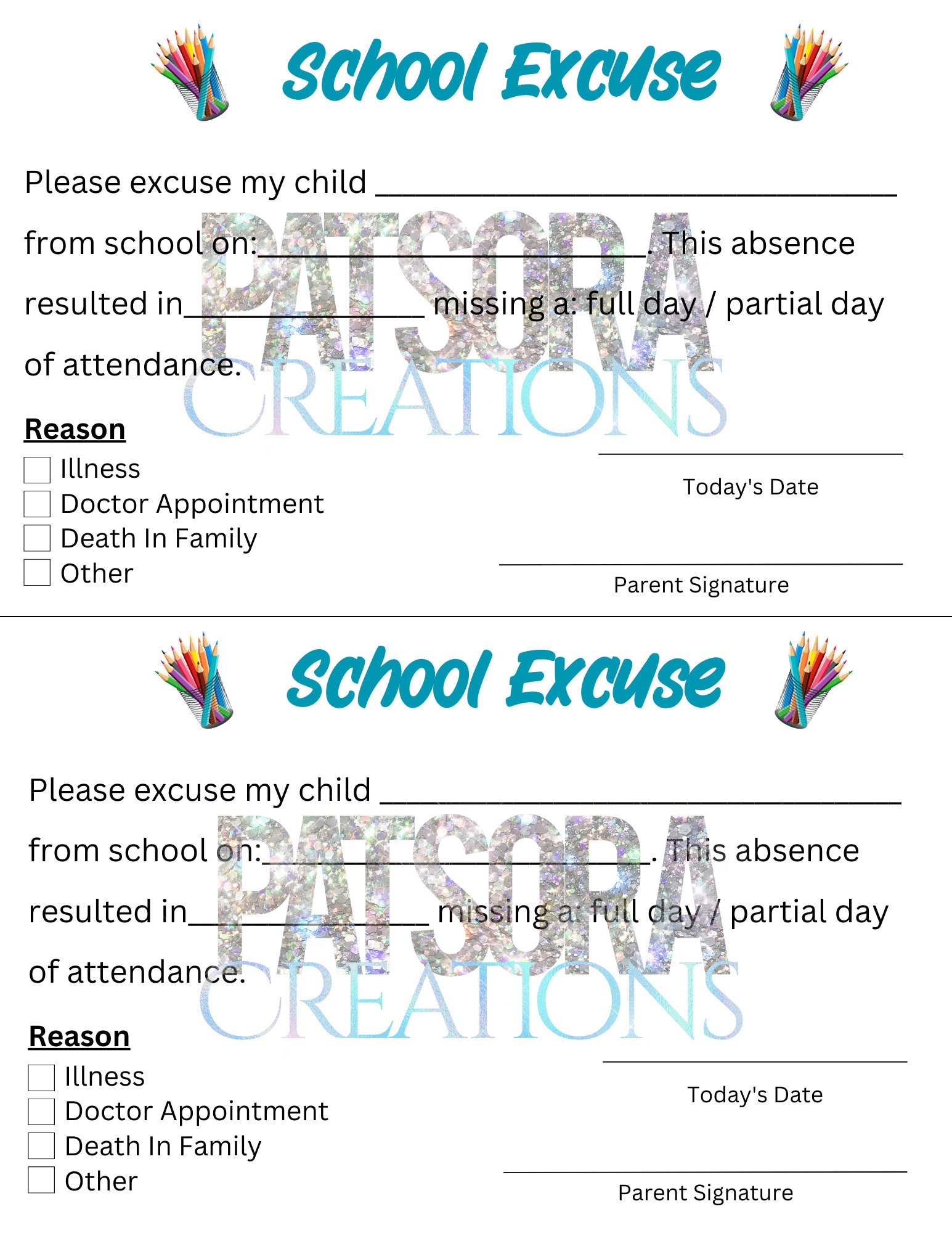 School Excuse Template - Etsy