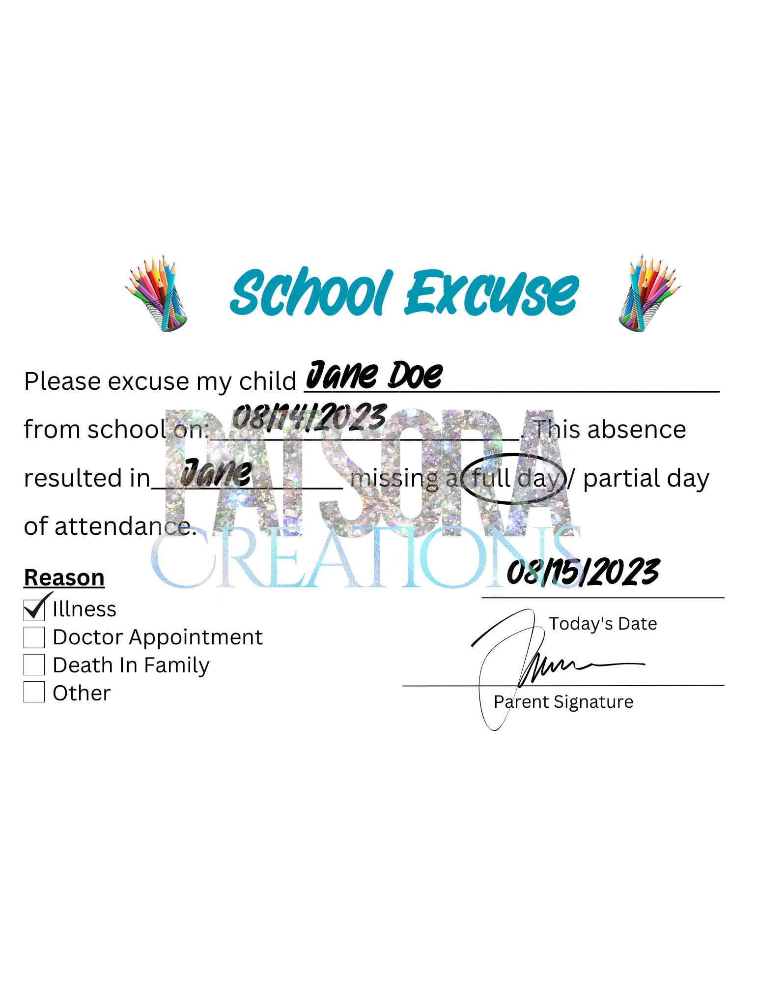 School Excuse Template - Etsy
