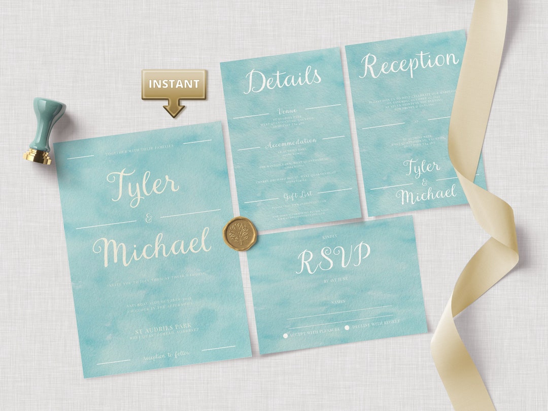 Aqua Wedding Invitation Template Set Blue Watercolor Beach Wedding ...