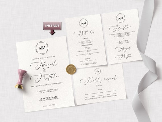 Simple Elegant Printable Wedding Invitation Template Suite | Etsy