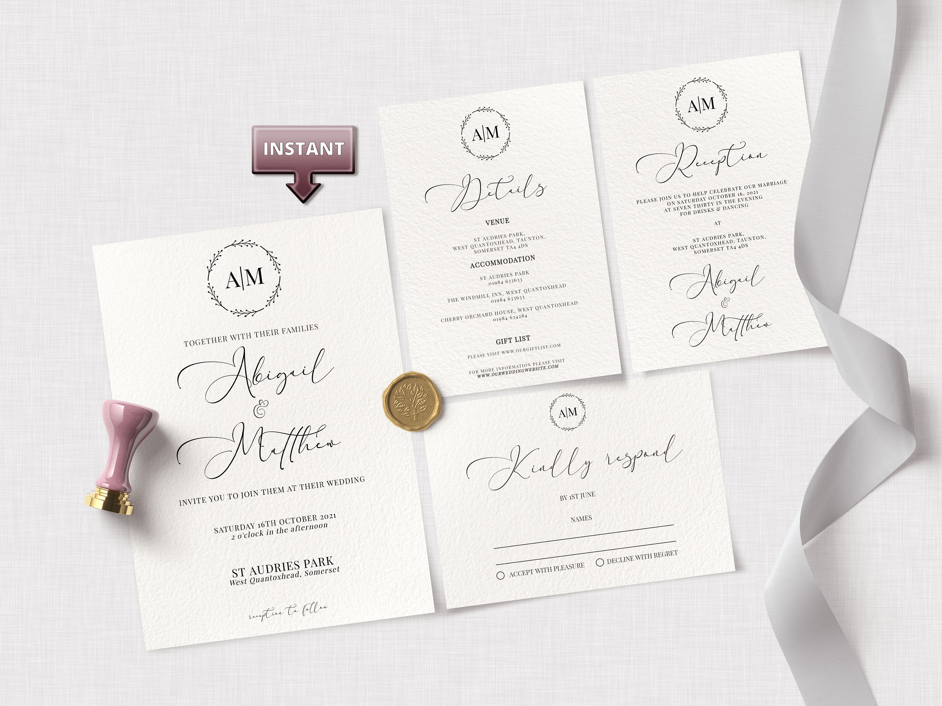 Simple Wedding Invitation Template Suite Elegant Hand Drawn - Etsy