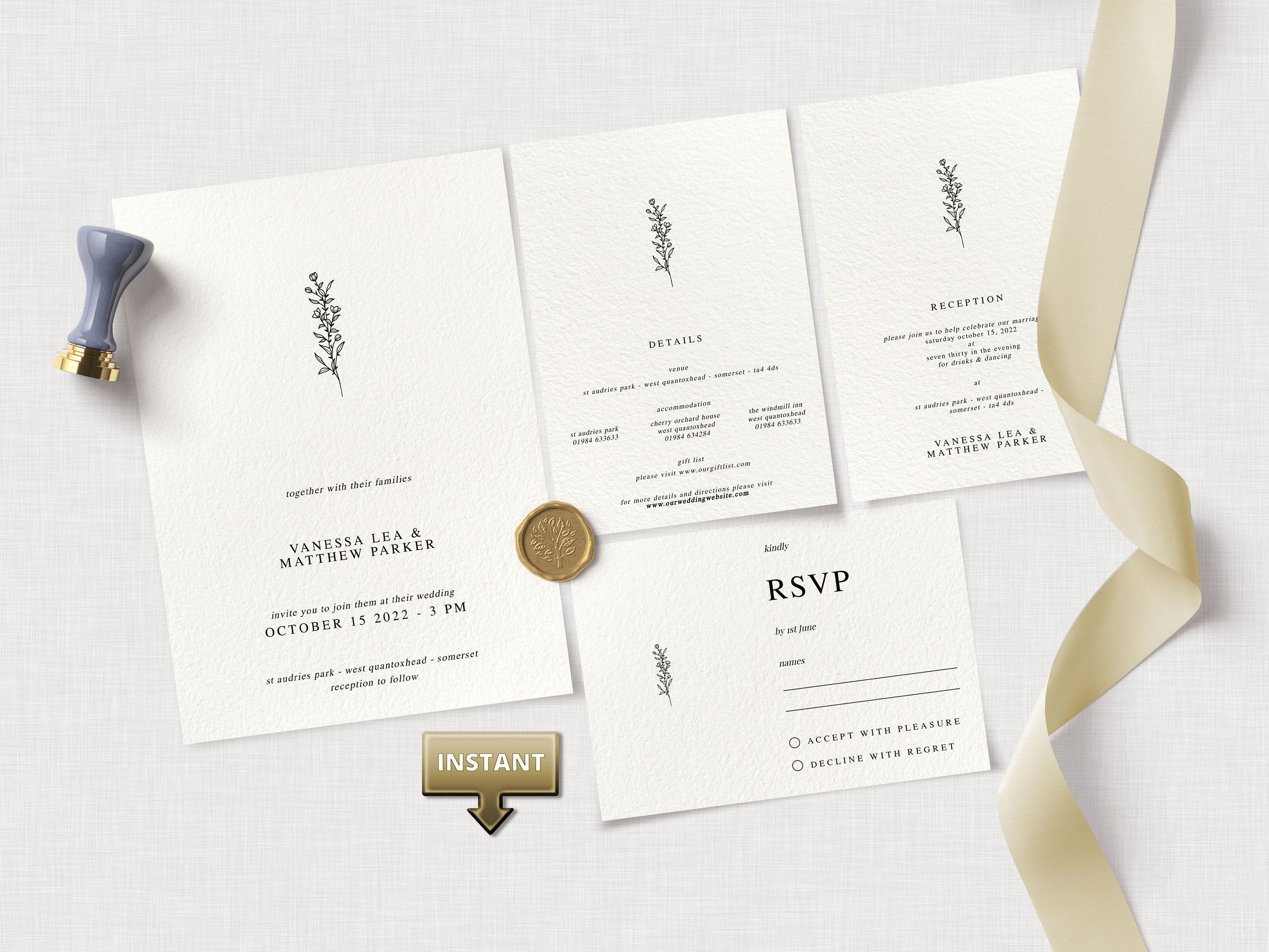 Minimalist Wedding Invitation Template Set Hand Drawn | Etsy