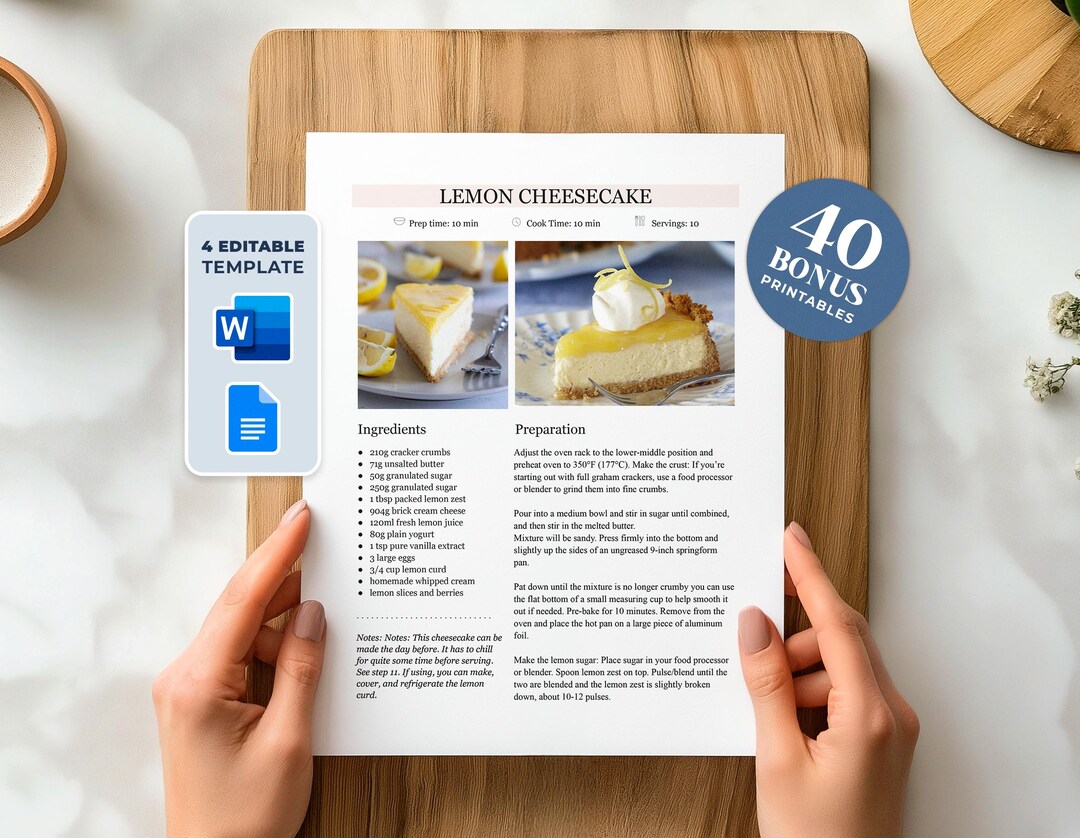 Editable Recipe Template: Printable Recipe Book Page, MS Word & Google ...