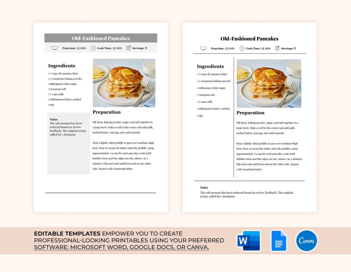 Editable Recipe With MS Word, Google Docs, and Canva Recipe Template ...