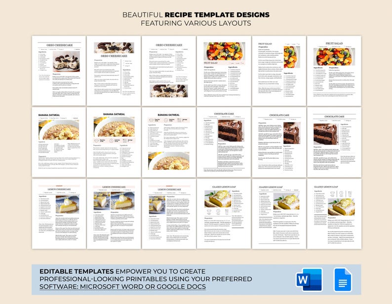 Editable Recipe Template Bundle: Minimalist MS Word & Google Docs ...