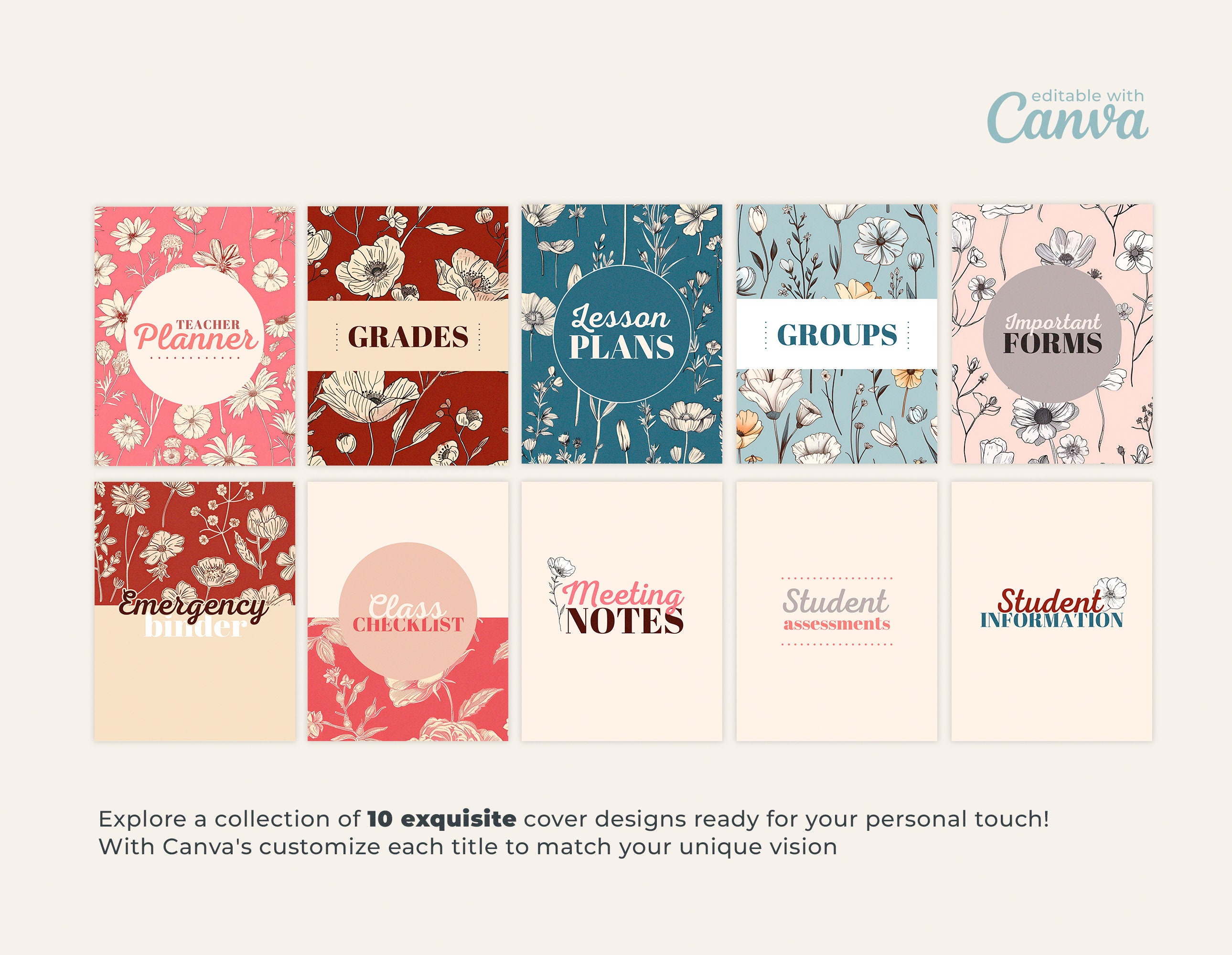 Classroom Binder Covers and Spines, Editable Minimal Flowers Teacher ...