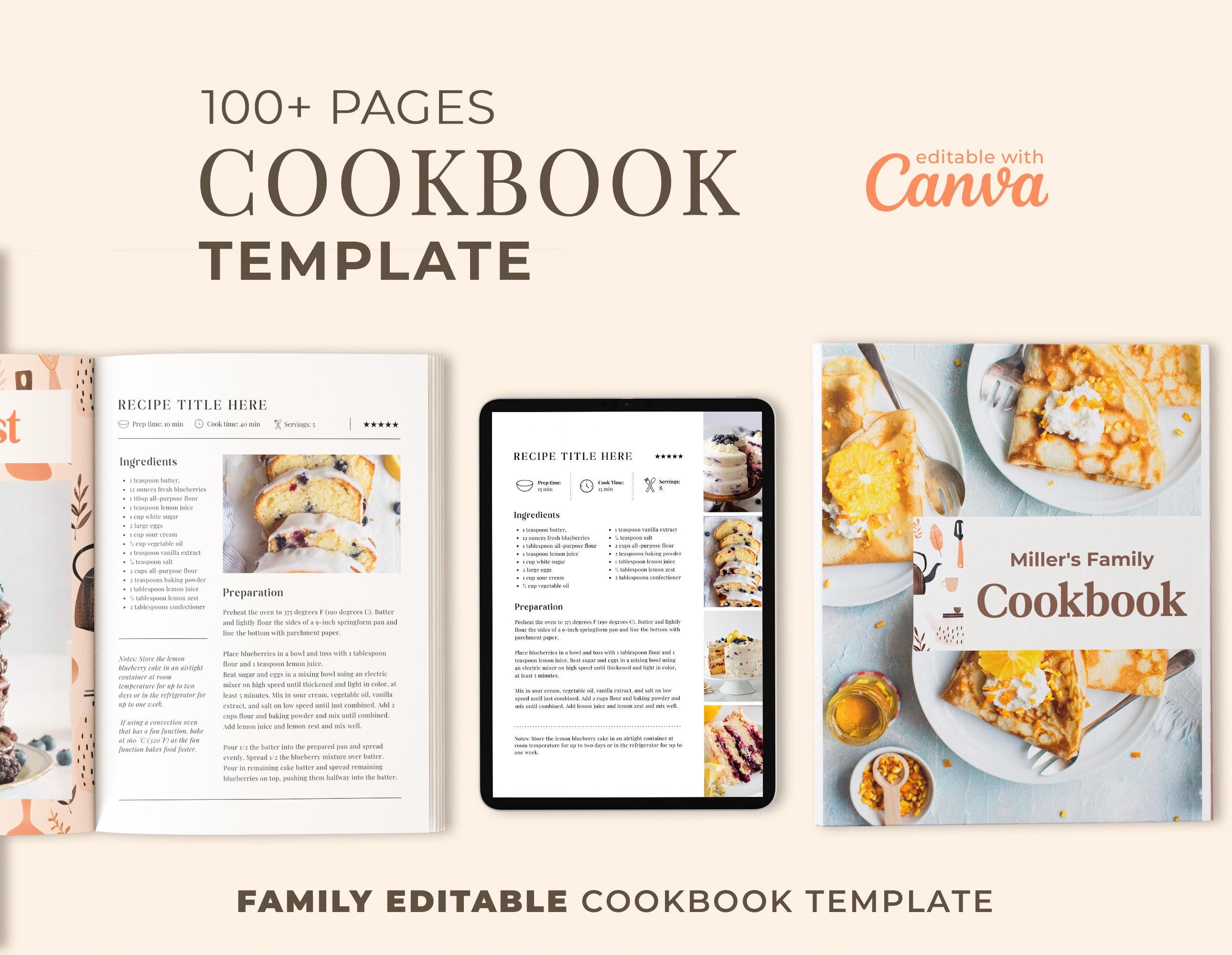 Family Cookbook Template: 100 Page Minimalist Recipe Book, Editable ...
