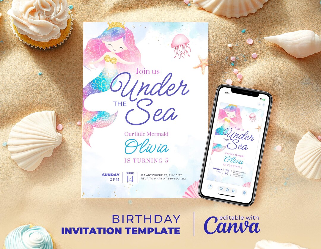 Canva Editable Mermaid Birthday Invitation | Elegant Under the Sea ...