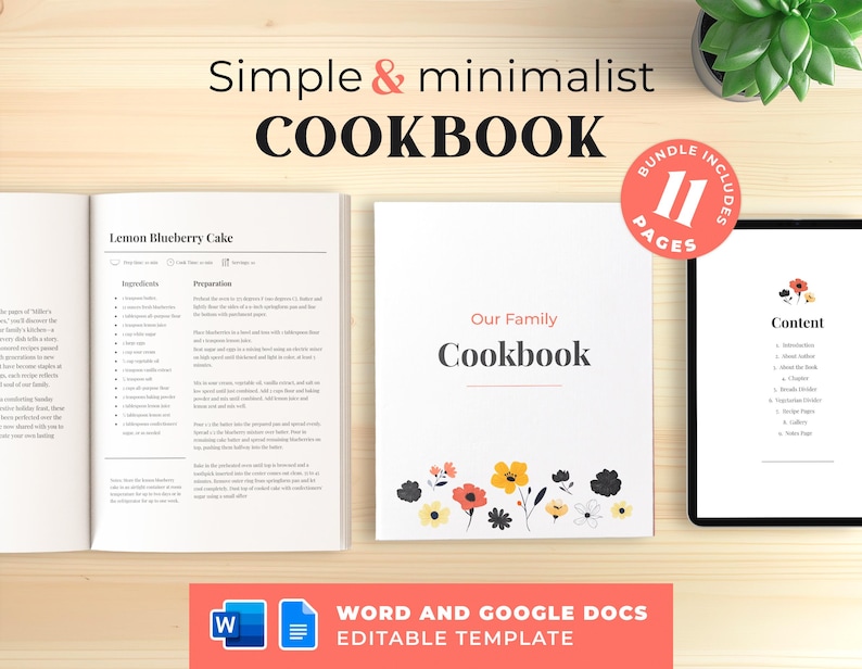 Minimalist Cookbook Template Editable With Microsoft Word and Google Docs, Recipe Book Template ...