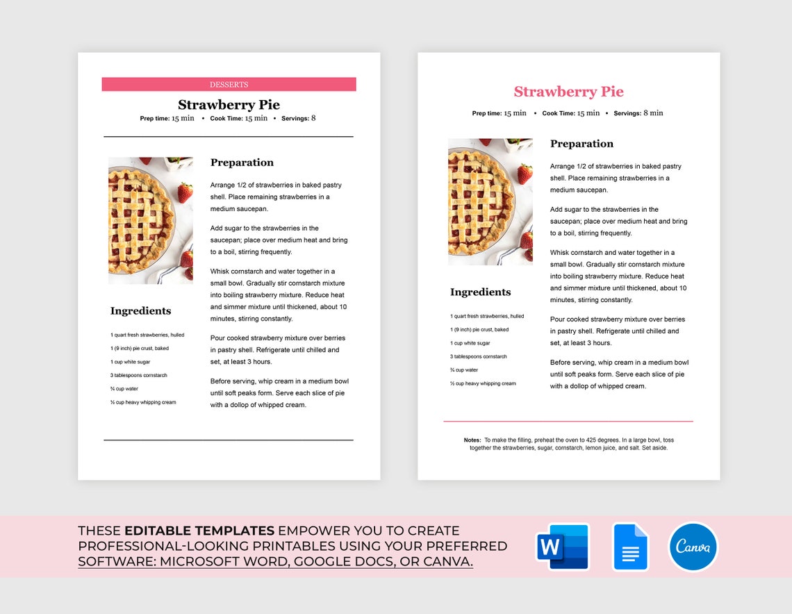 Editable Recipe Template Google Docs, MS Word and Canva Recipe Template ...