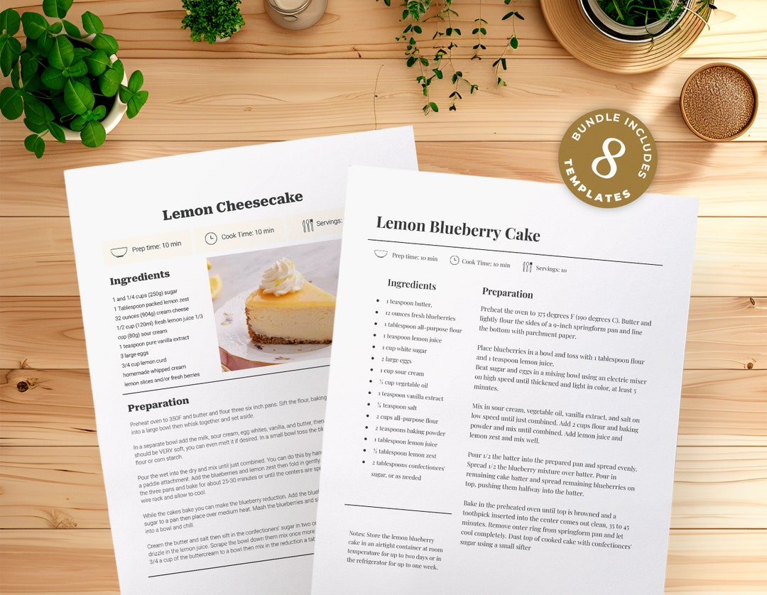 Minimalist Editable Recipe Template Bundle Set | MS Word and Google ...