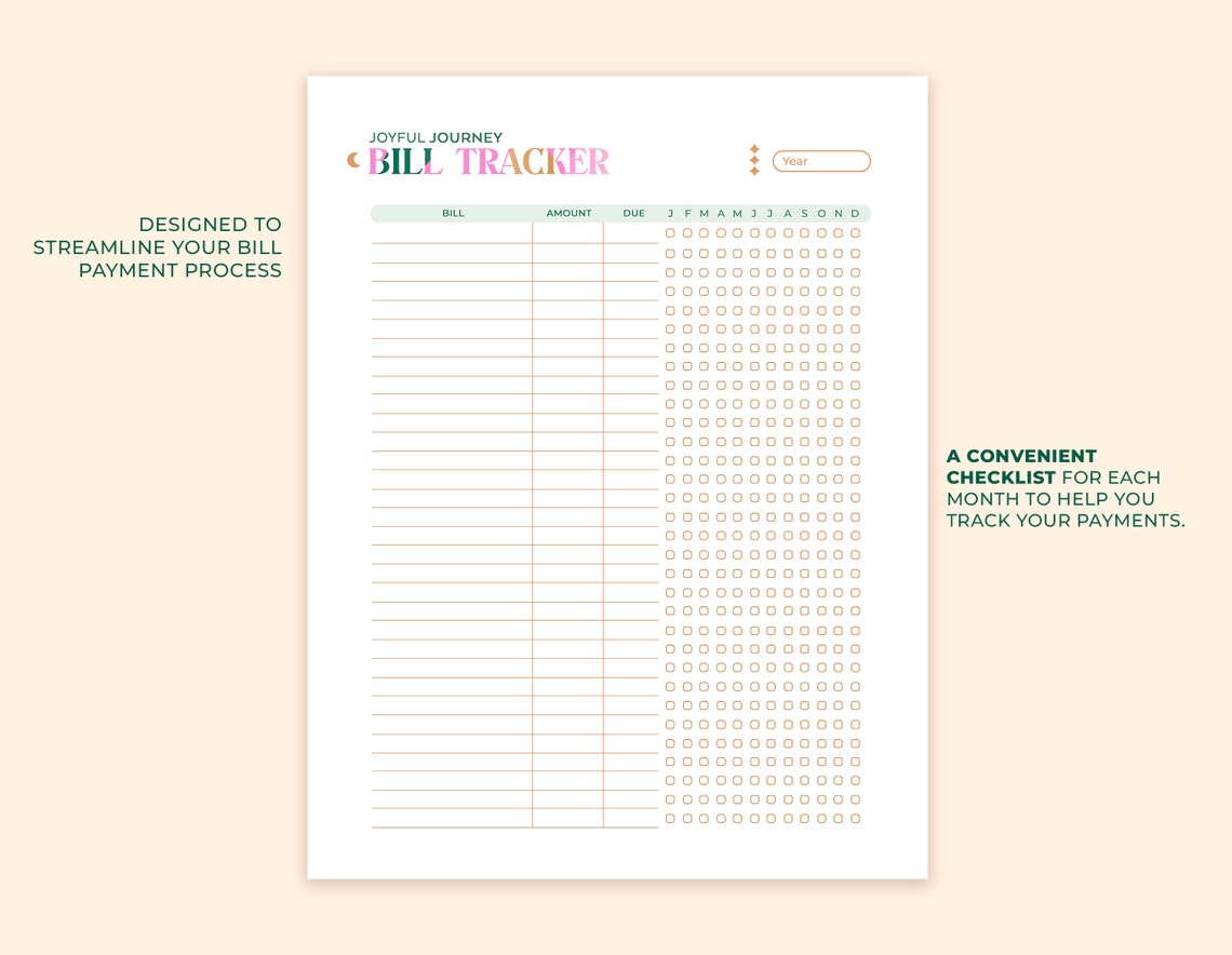 Yearly Bill Tracker Joyful Journey Bill Payment Checklist, Bill ...