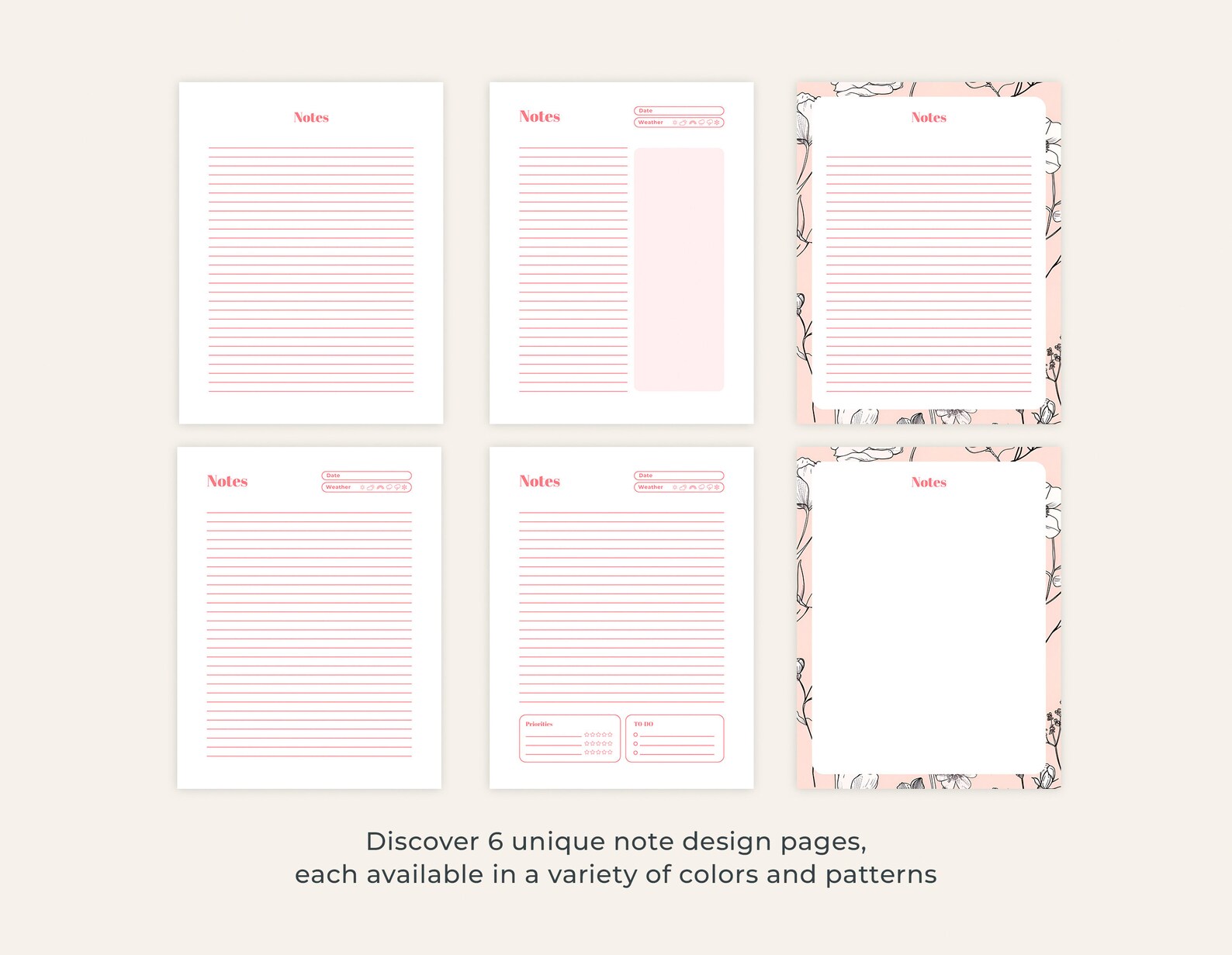 Printable Minimal Flowers Notes Page, Notes Template, Note Taking ...