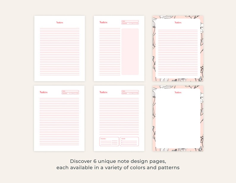Printable Minimal Flowers Notes Page, Notes Template, Note Taking ...