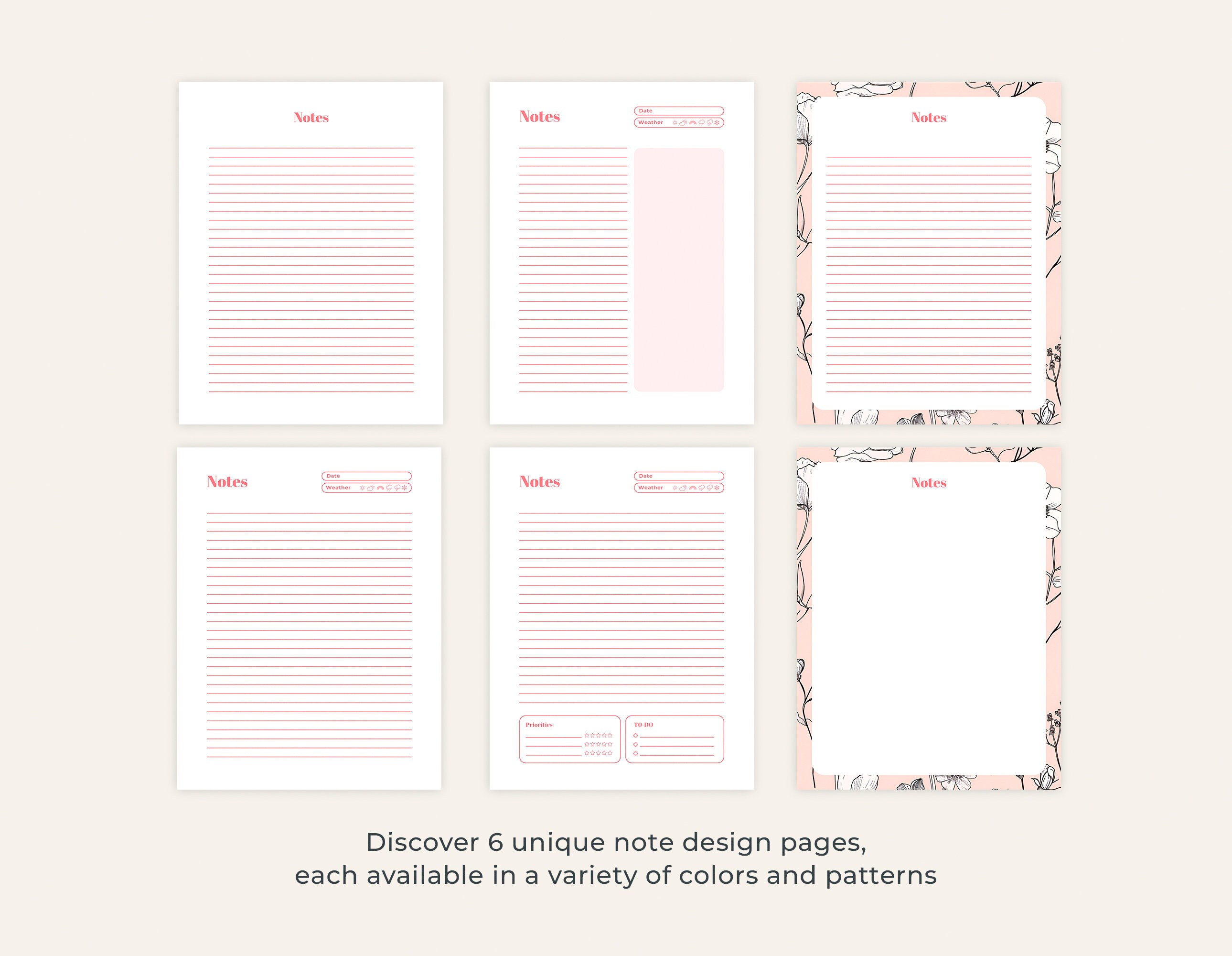 Printable Minimal Flowers Notes Page, Notes Template, Note Taking ...