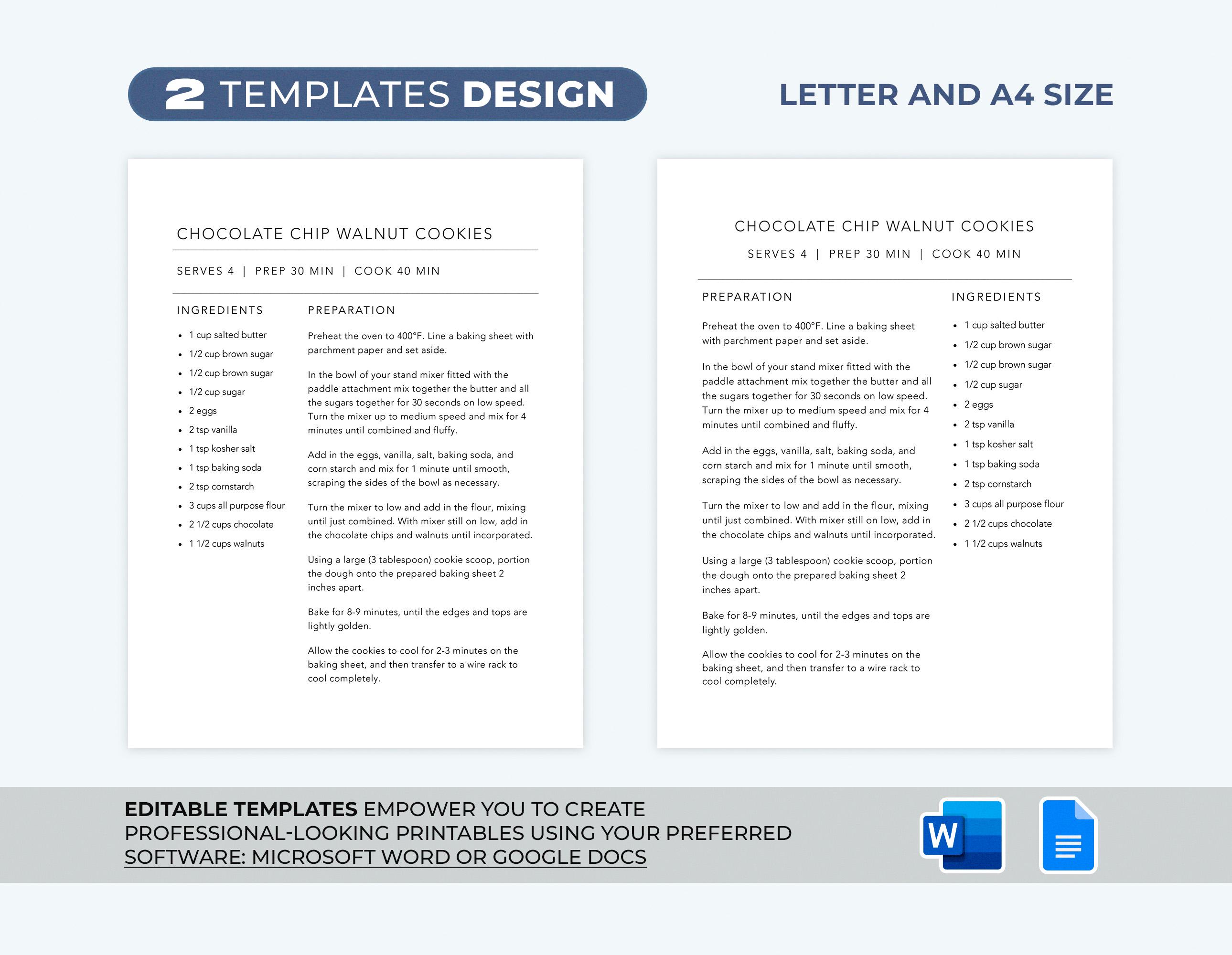 Editable Recipe Template: Minimalist Word & Google Docs (digital ...