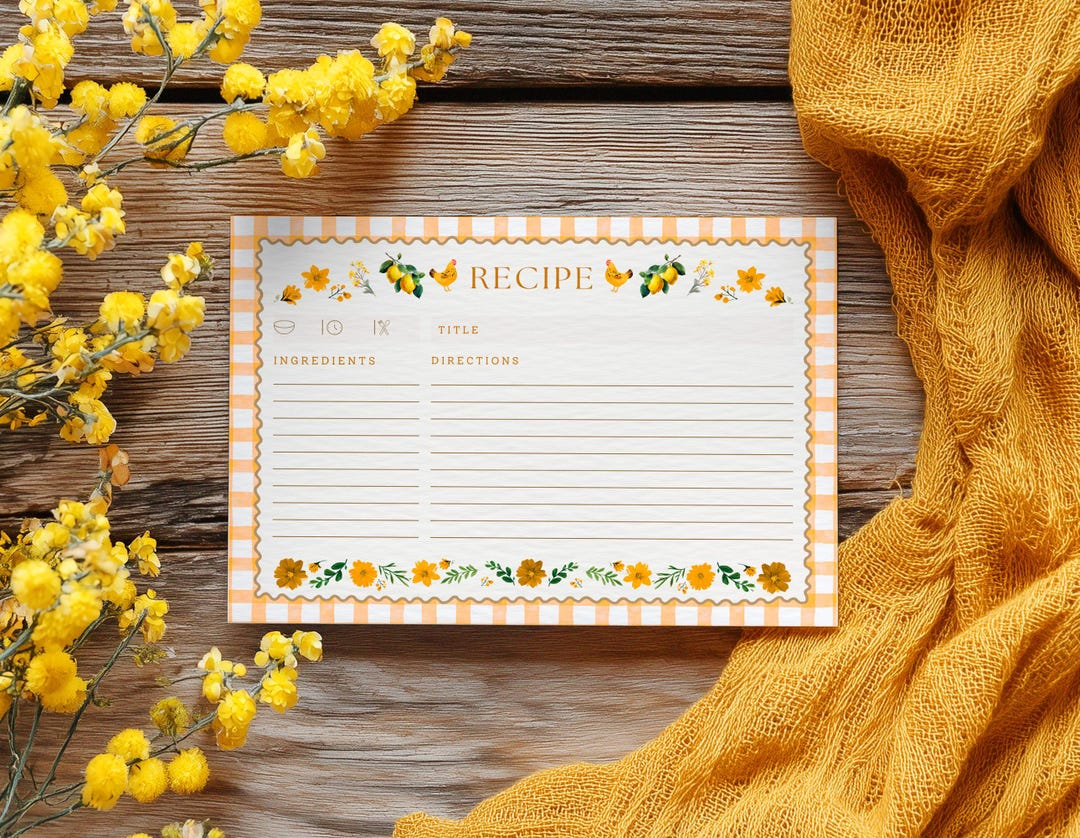 Printable Blank Recipe Card Farmhouse Style, Yellow Cottagecore Floral ...