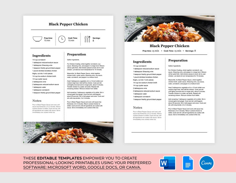 Editable Recipe Template - Google Docs, MS Word and Canva Recipe ...