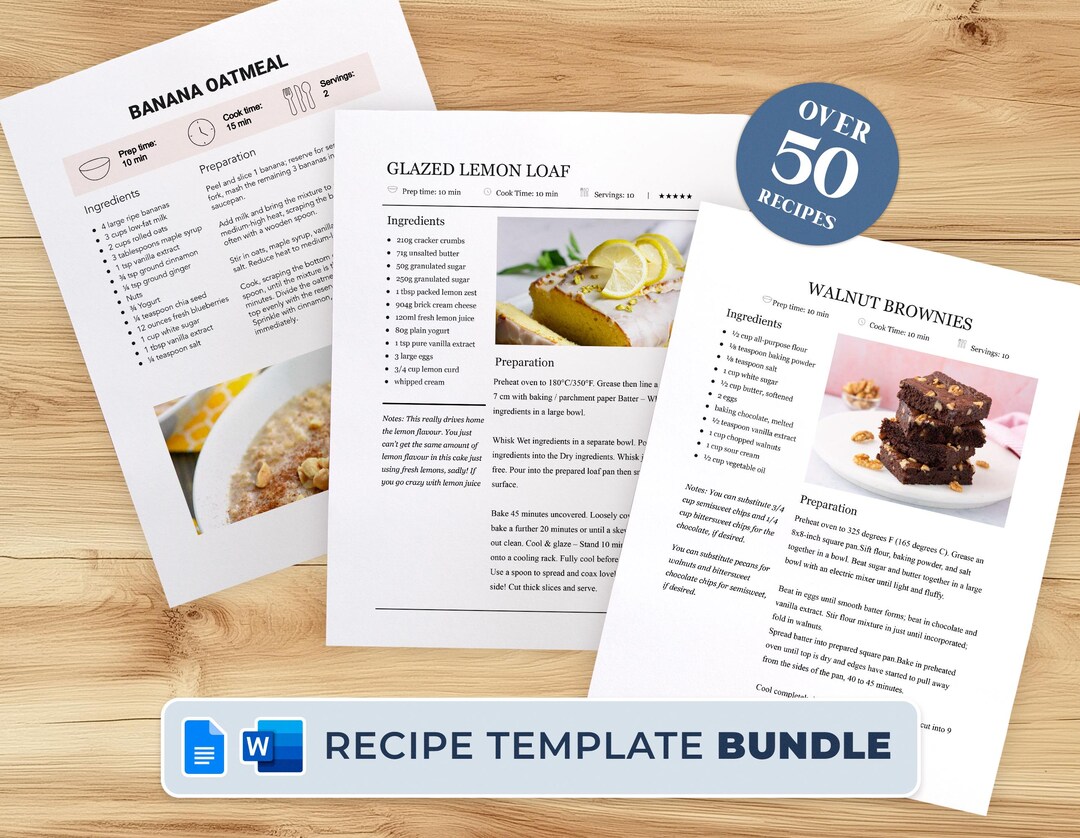 Editable Recipe Template Bundle: Minimalist MS Word & Google Docs ...