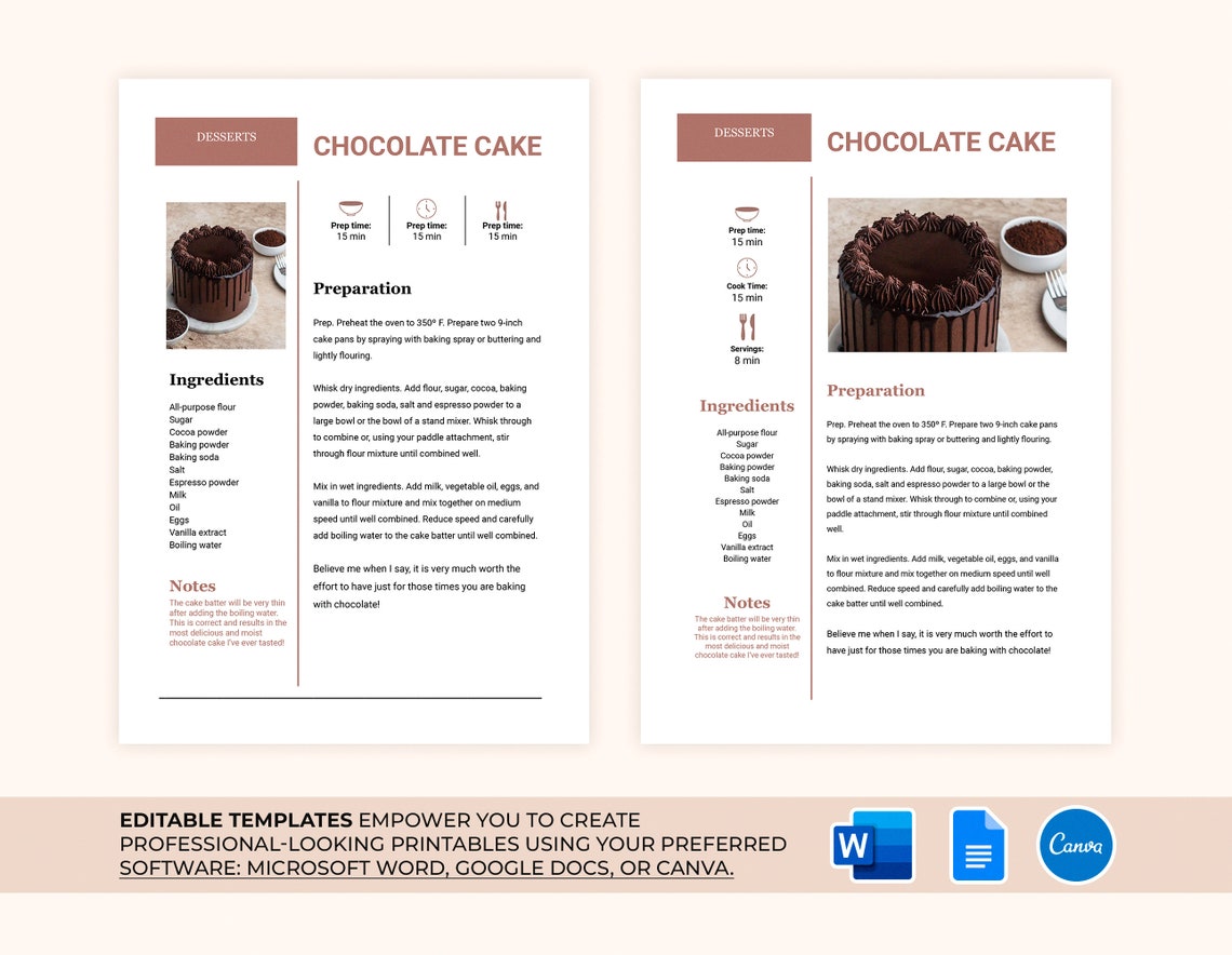 Editable Recipe With MS Word, Google Docs, and Canva Recipe Template ...