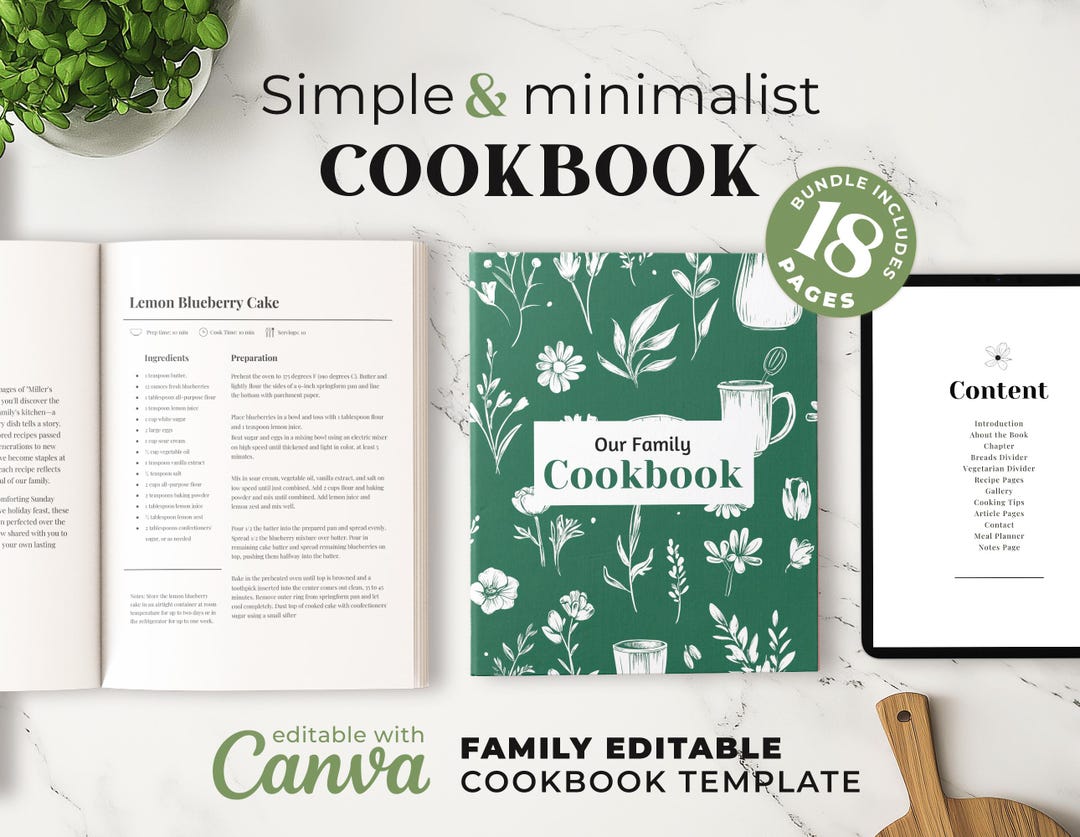 Minimalist Cookbook Template: Green Floral Family Recipe Binder, Canva ...