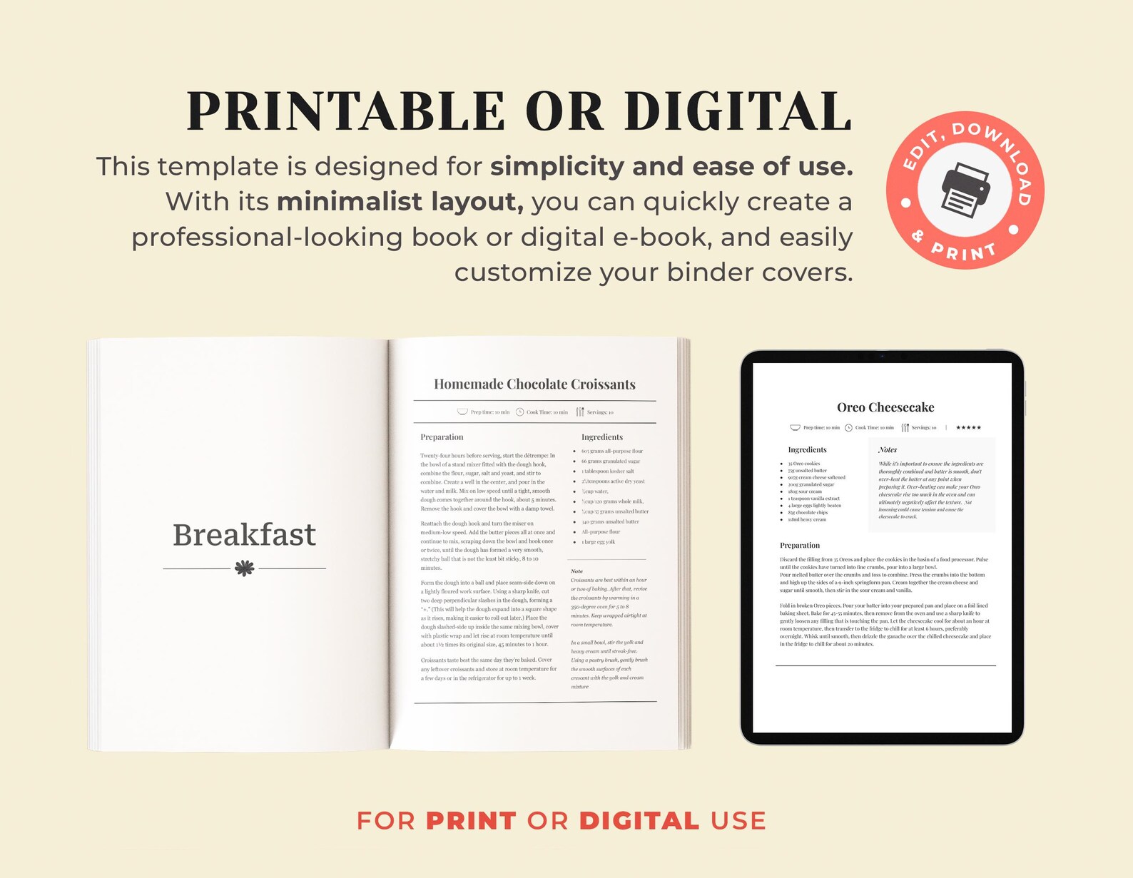 Minimalist Cookbook Template: Editable Recipe Book, MS Word and Google ...