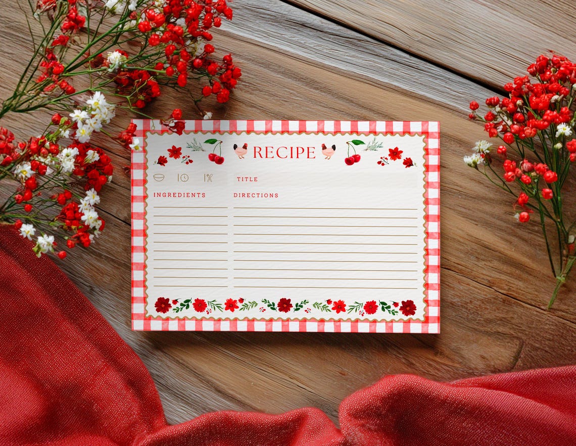 Farmhouse Printable Blank Recipe Card, Red Vintage Floral Cards 5x7 ...