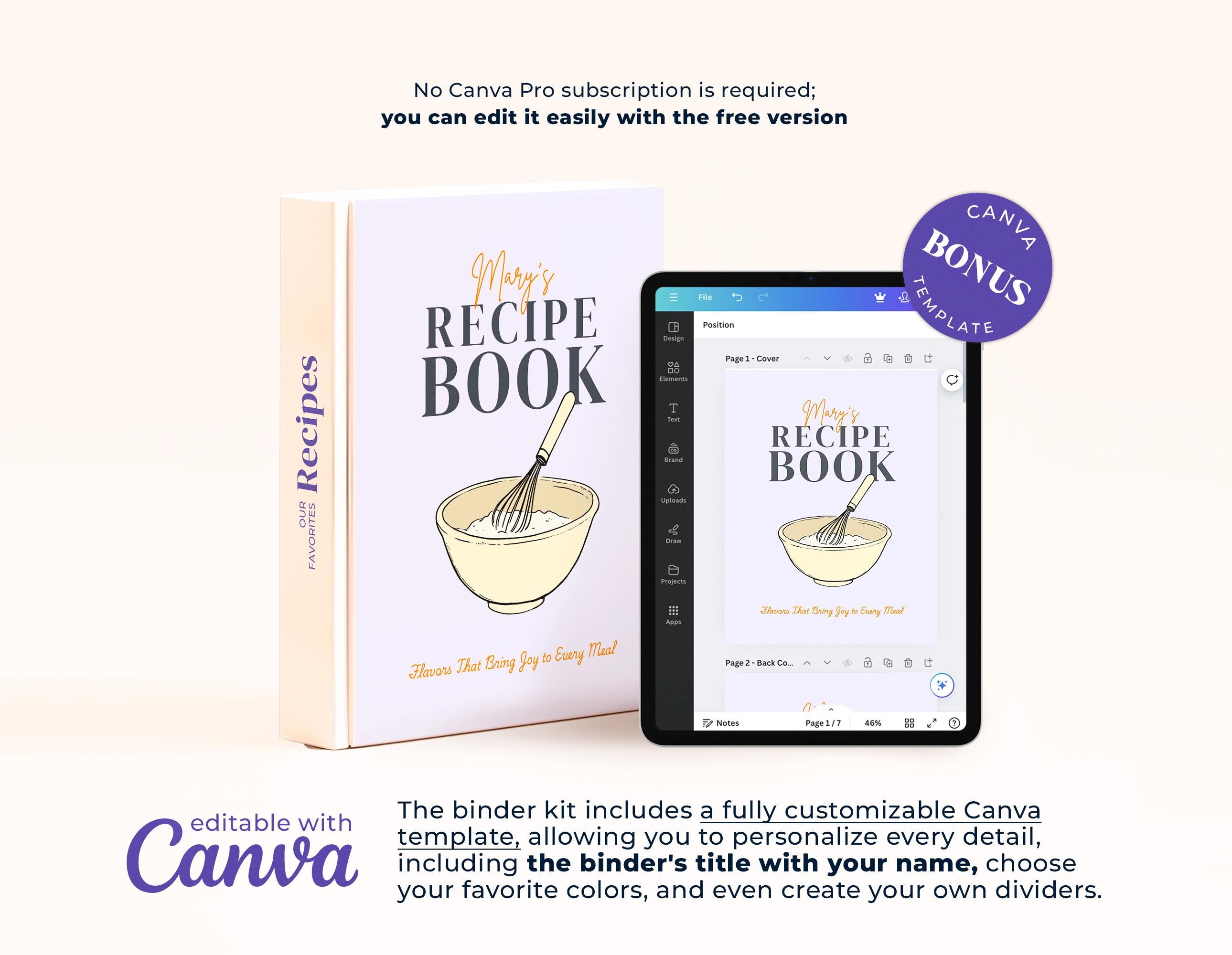 Retro Recipe Binder Cover: Custom Name Recipe Book, Canva Template and ...
