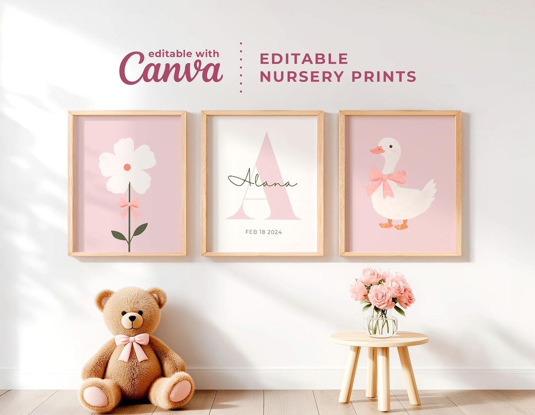 Pink Flower & Goose Nursery Prints: Canva Editable Initial Baby Name ...