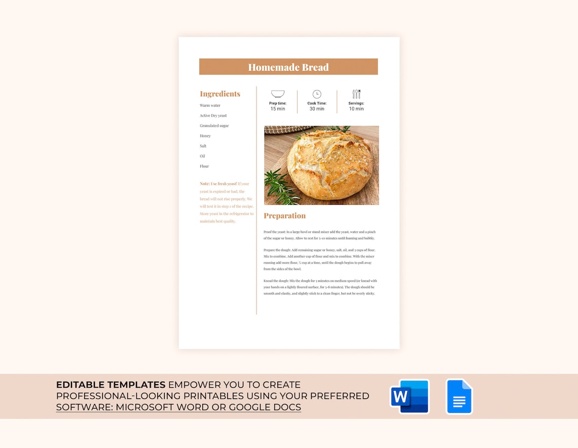 Editable Recipe With MS Word and Google Docs Recipe Template, Printable ...