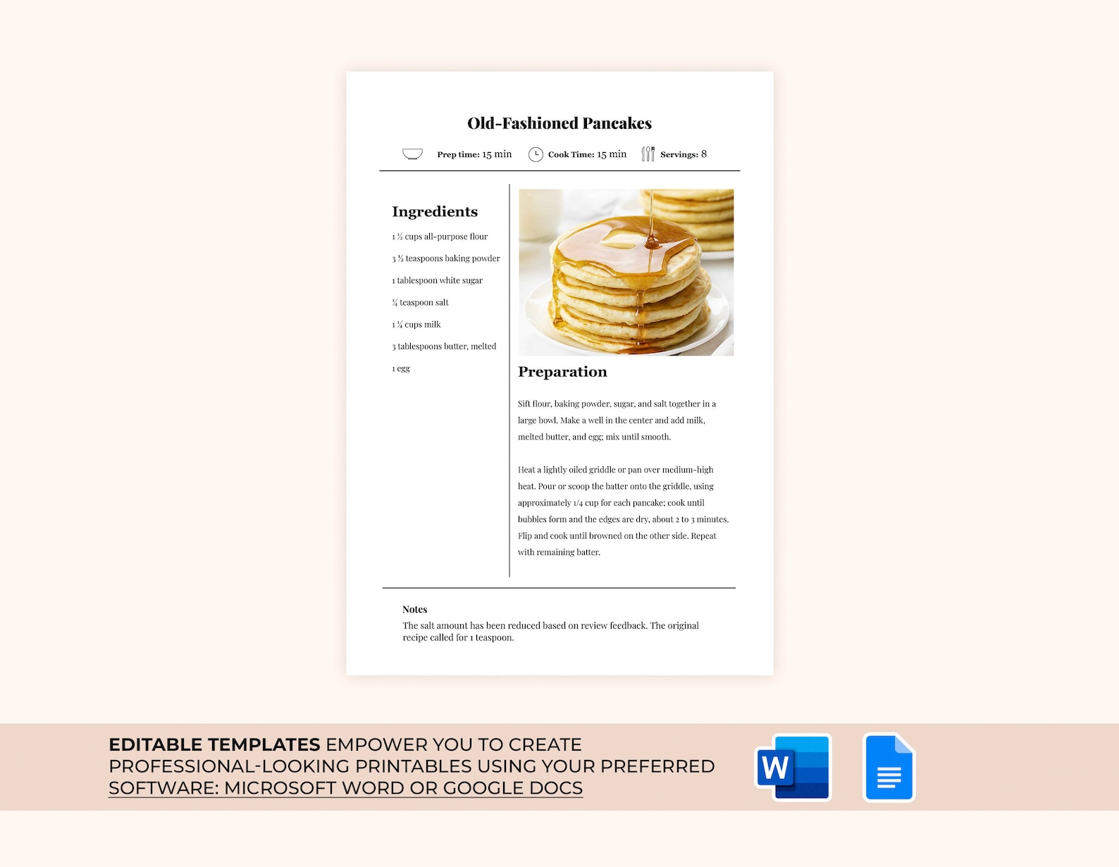 Editable Recipe With MS Word and Google Docs Recipe Template, Printable ...