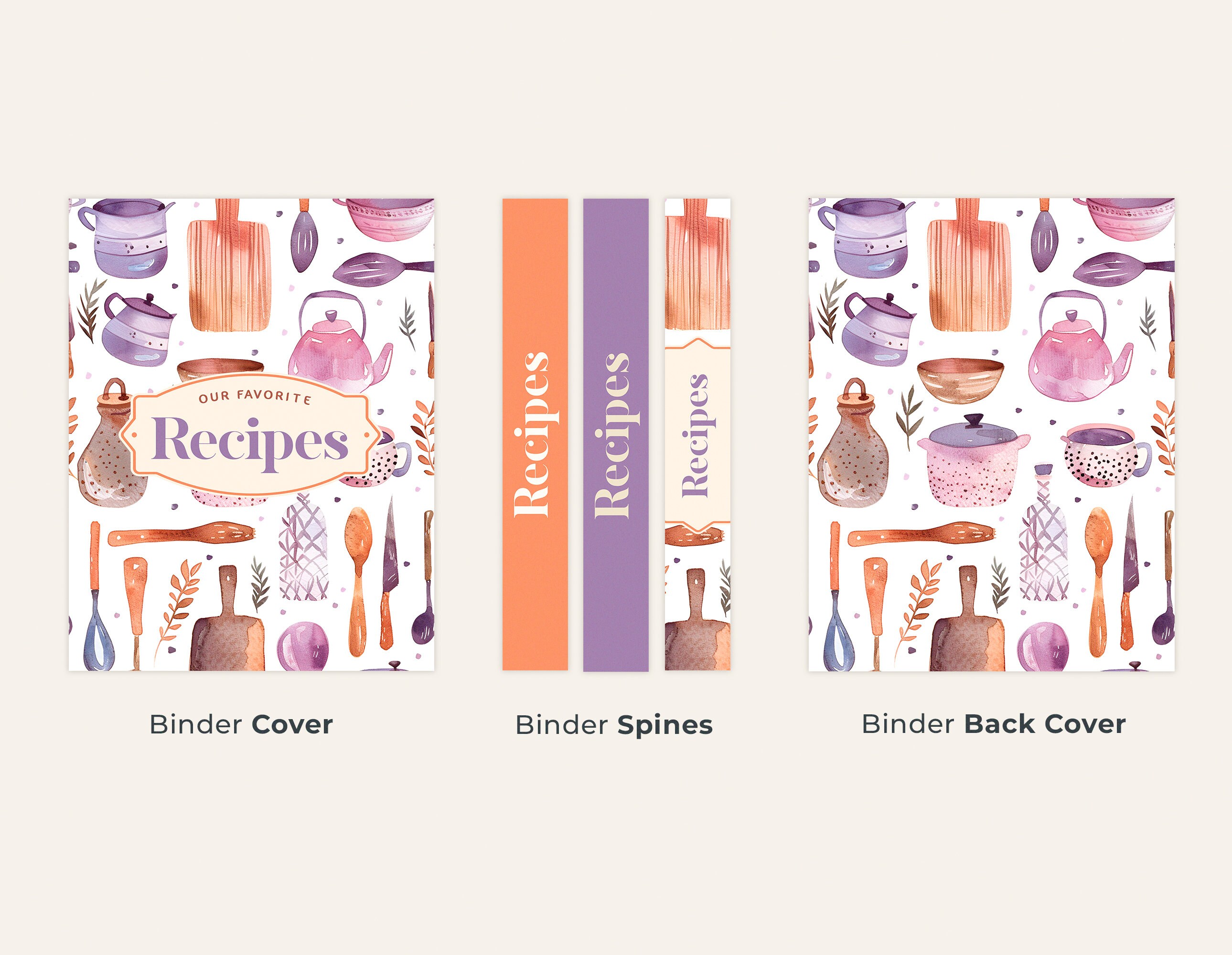 Recipe Binder Cover Purple Kitchen Utensils Kit, Recipe Book Cover ...