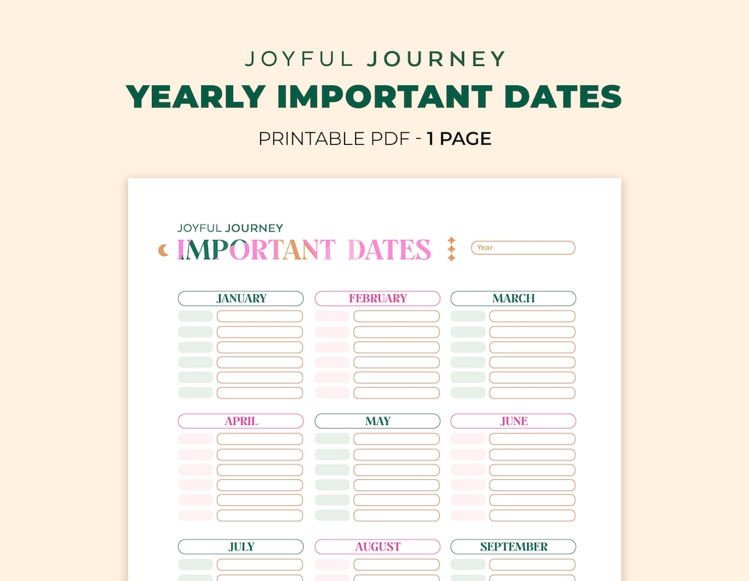 Yearly Important Dates Joyful Journey Key Dates Planner Birthdays ...