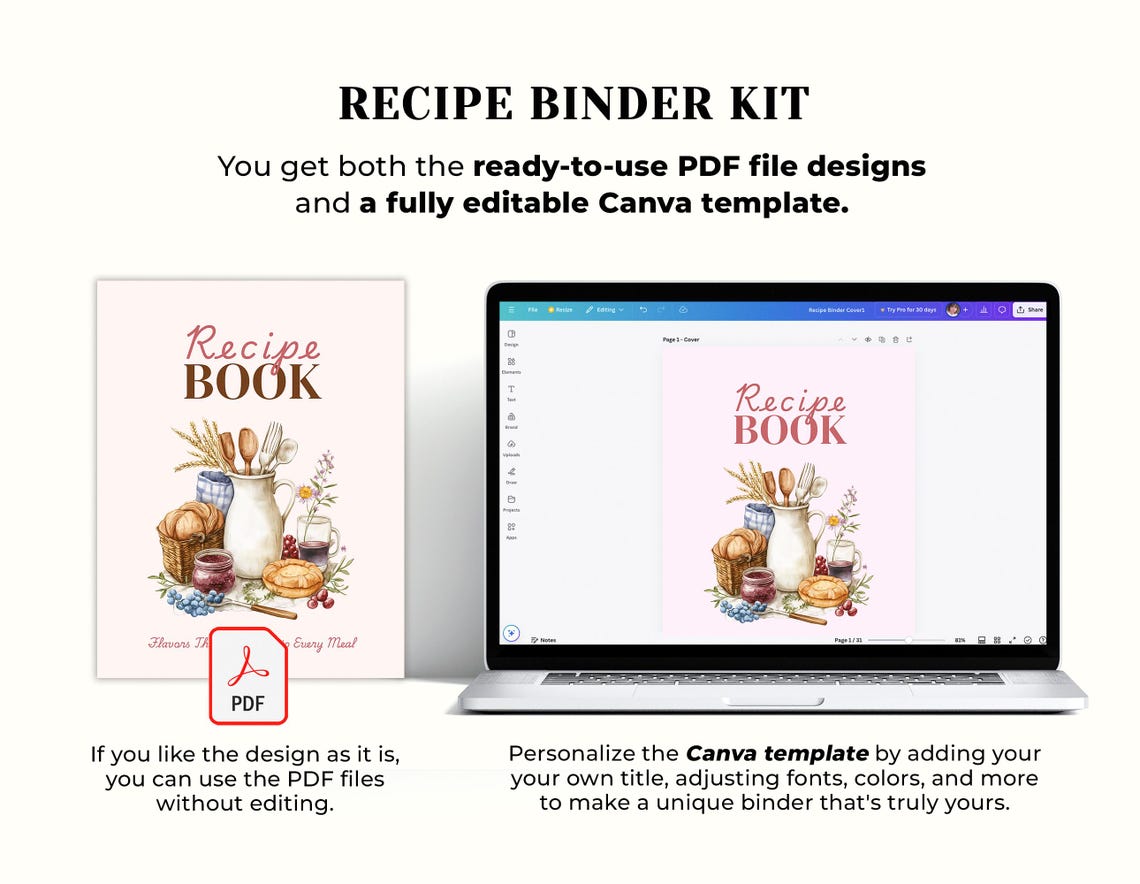 Vintage Farmhouse Recipe Binder Cover: Editable Canva Template & PDF ...