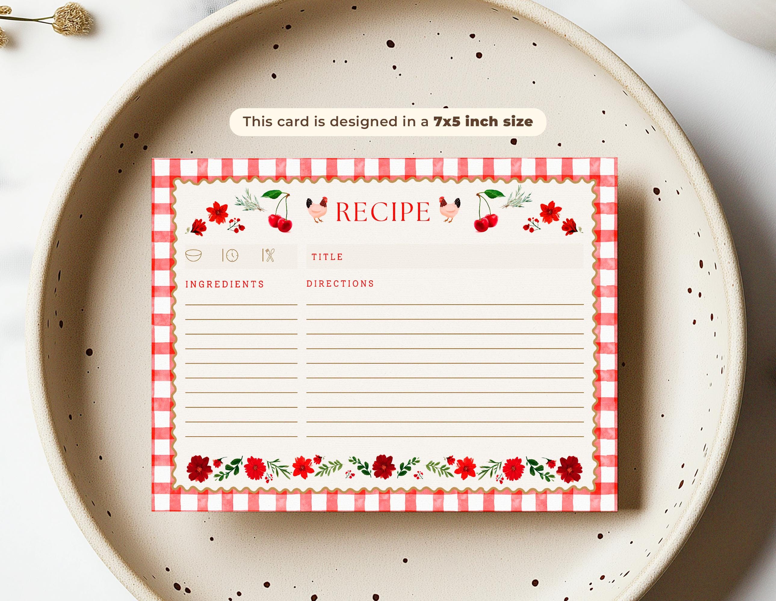 Farmhouse Printable Blank Recipe Card, Red Vintage Floral Cards 5x7 ...