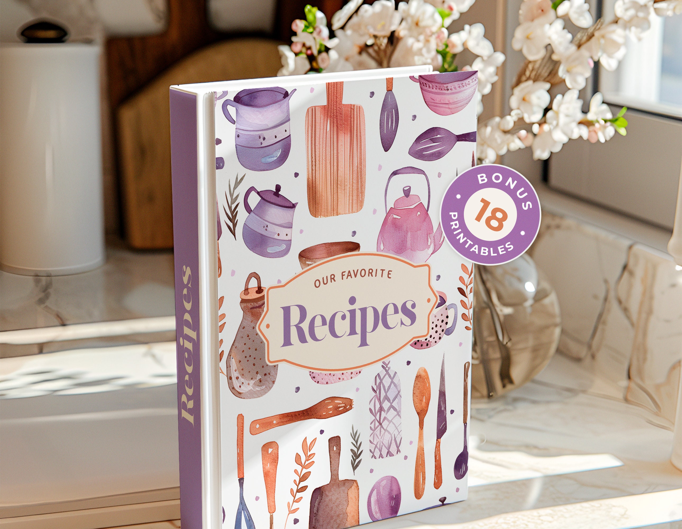 Recipe Binder Cover Purple Kitchen Utensils Kit, Recipe Book Cover ...