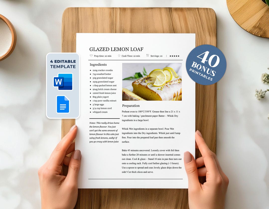 Editable Recipe With MS Word and Google Docs Recipe Template, Printable ...