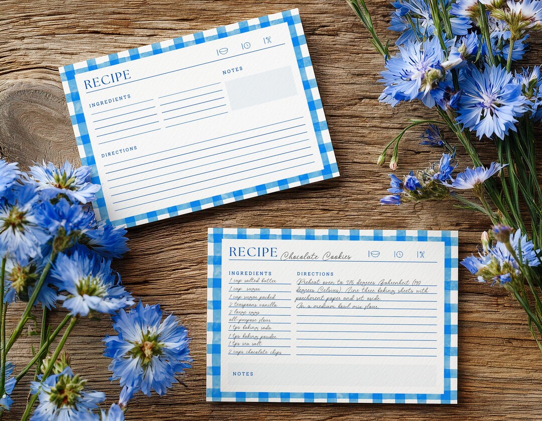 Farmhouse Handwritten Recipe Card 5x7, Printable Blue Vintage Blank ...
