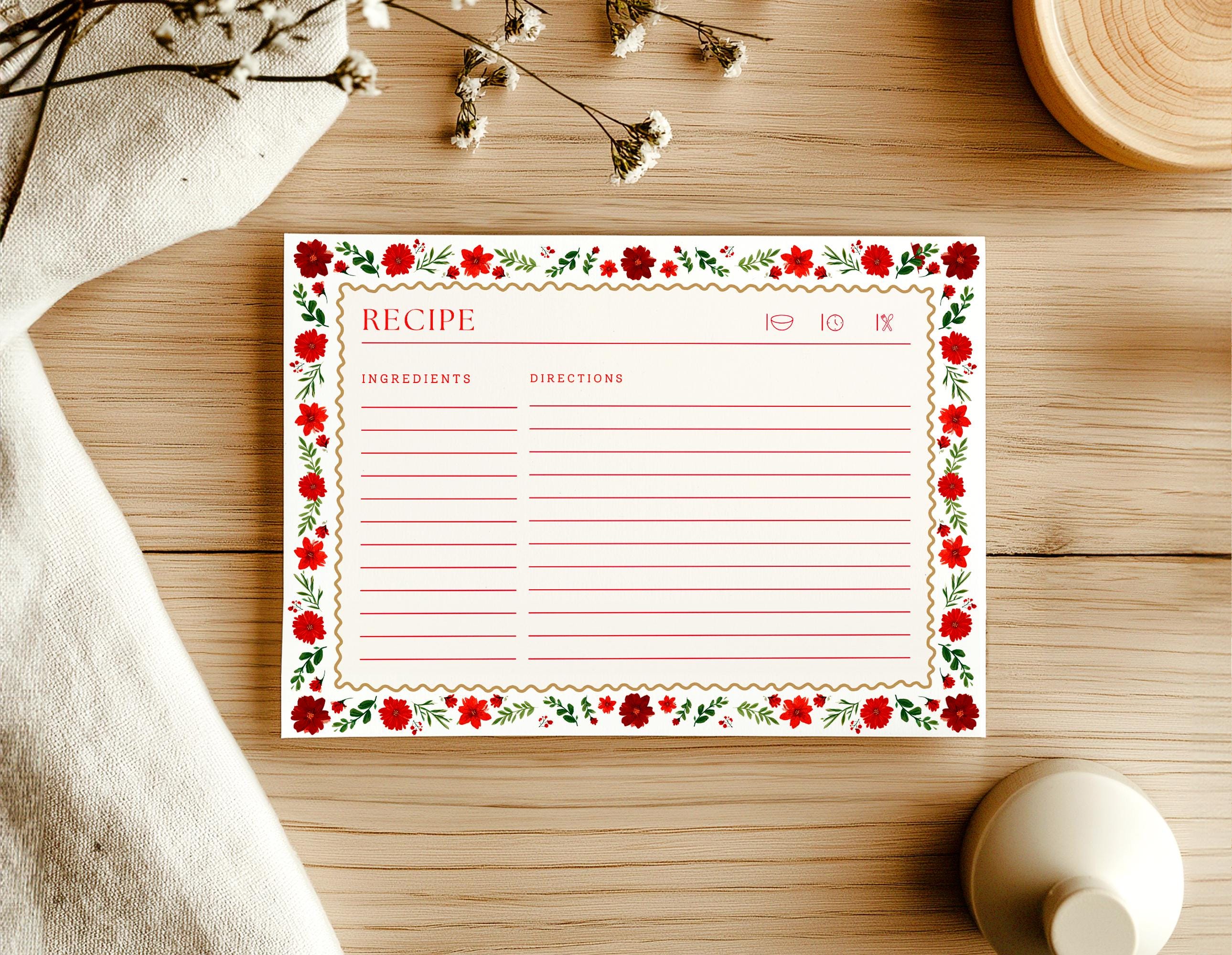 Farmhouse Printable Blank Recipe Card, Red Vintage Floral Cards 5x7 ...