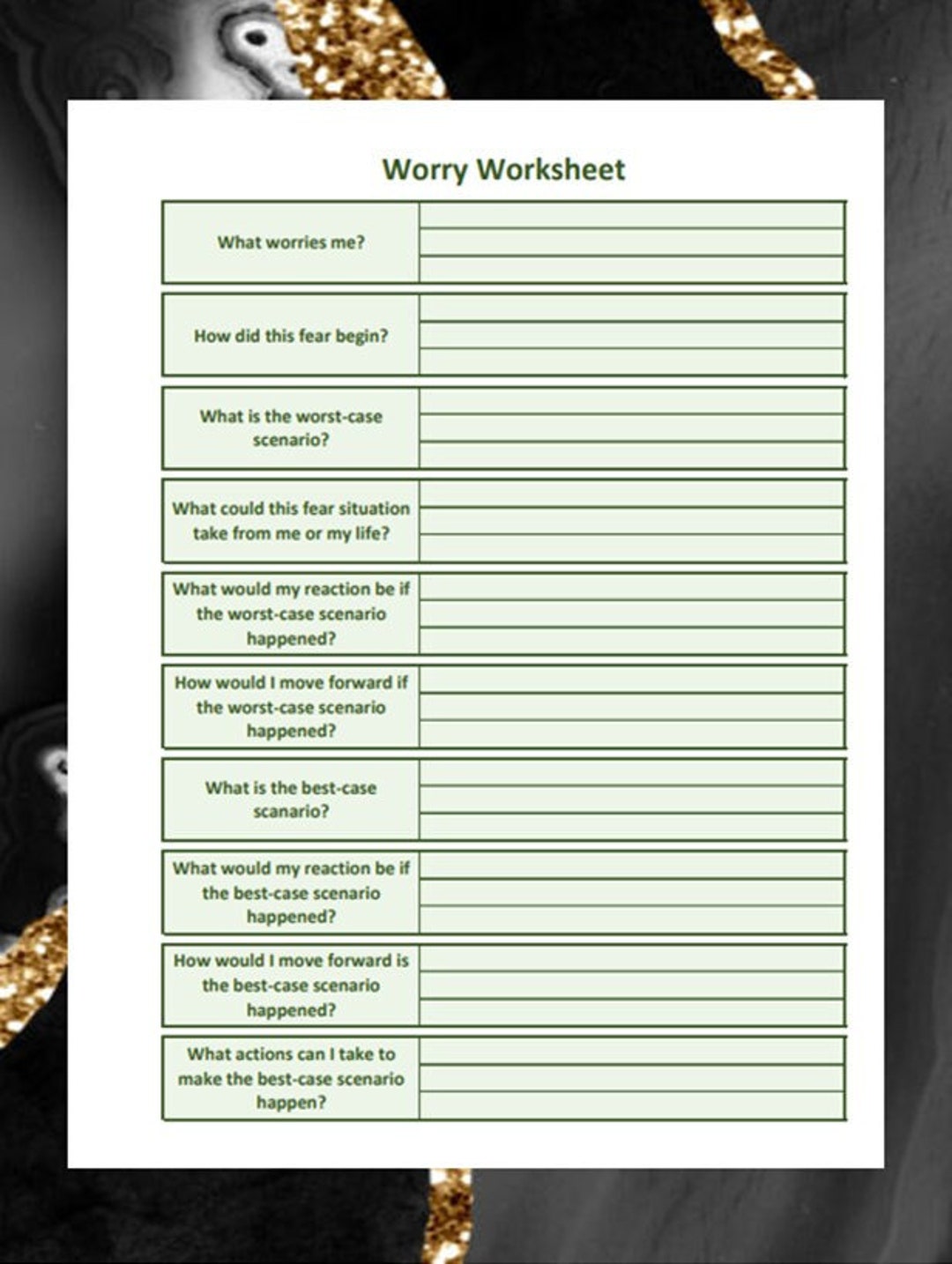 Worry Worksheet - Etsy