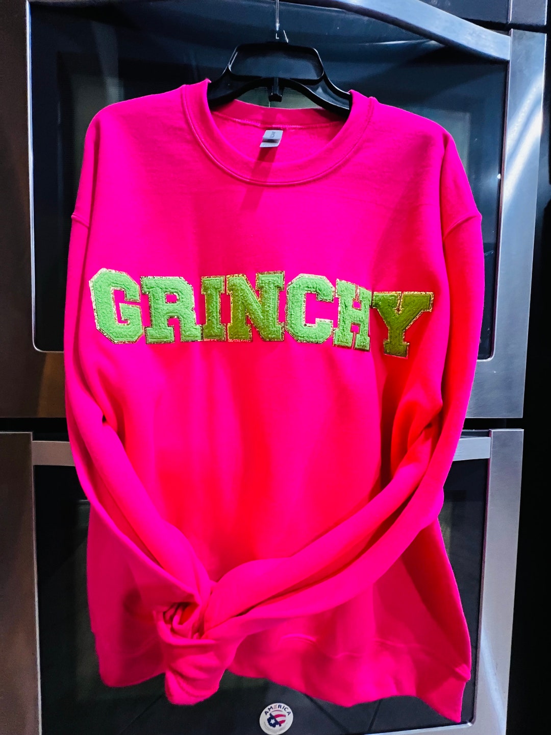 Chenille Patch Christmas (bright Pink) Sweatshirt, GRINCHY, Christmas Crewneck, Cute Winter ...