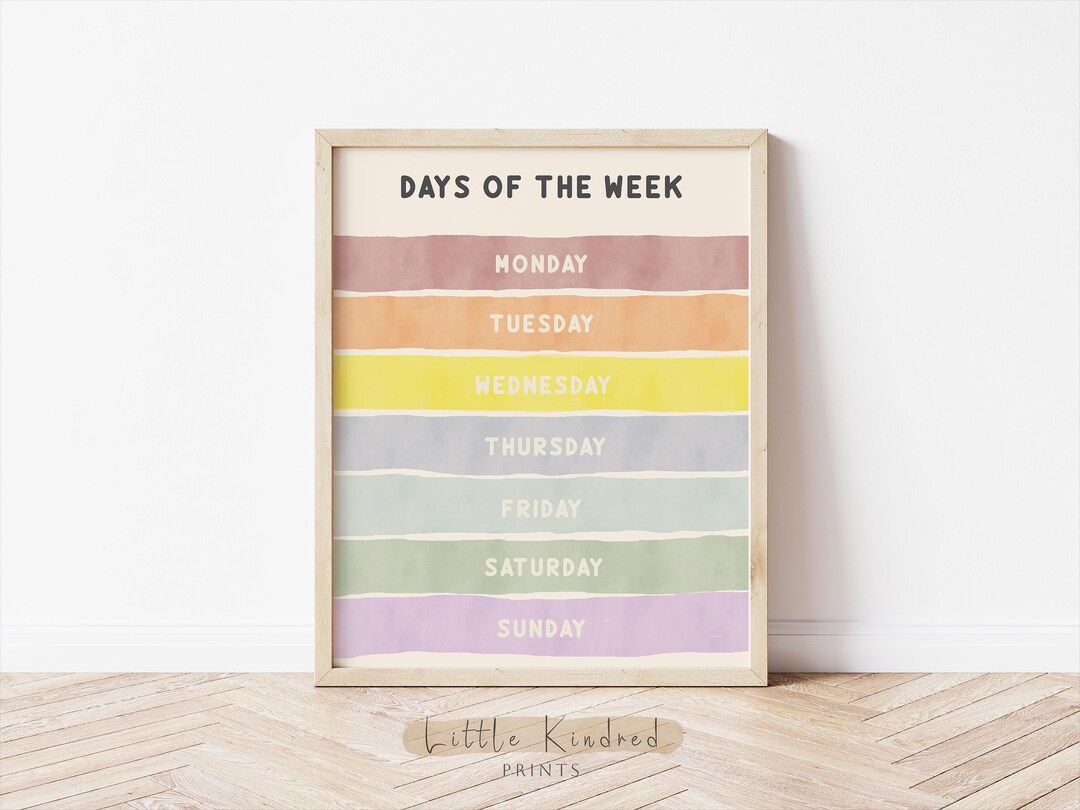 Days of the Week Educational Poster Montessori Wall Art Homeschool ...