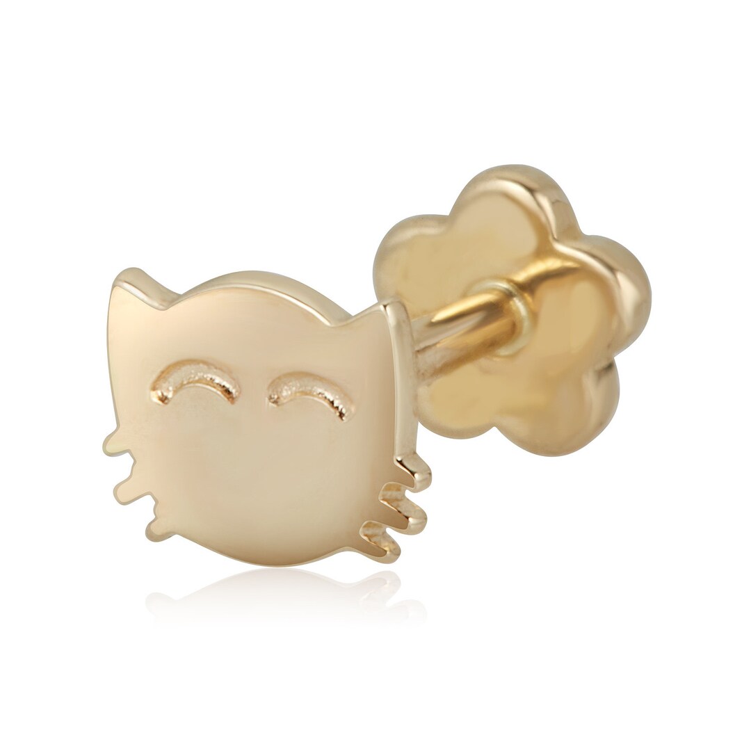 14K Gold Cat Cartilage Piercing Flat Back Earring Body Jewelry (18 ...