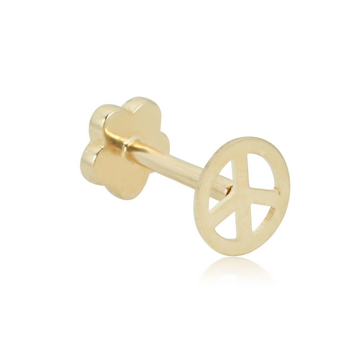 14K Gold Peace Sign Cartilage Piercing Flat Back Earring Body Jewelry ...