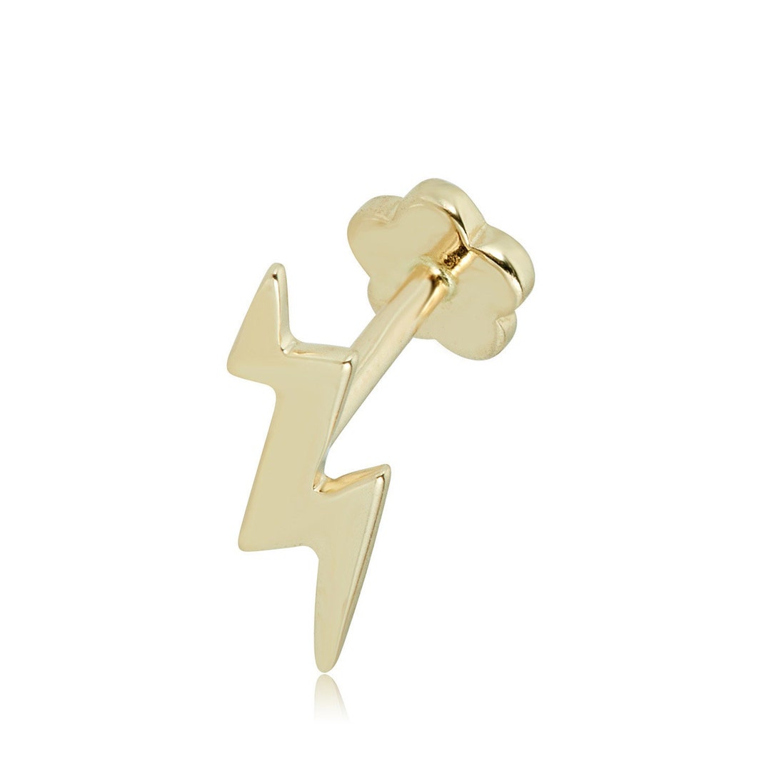 14K Gold Lightning Bolt Cartilage Piercing Flat Back Earring Body ...