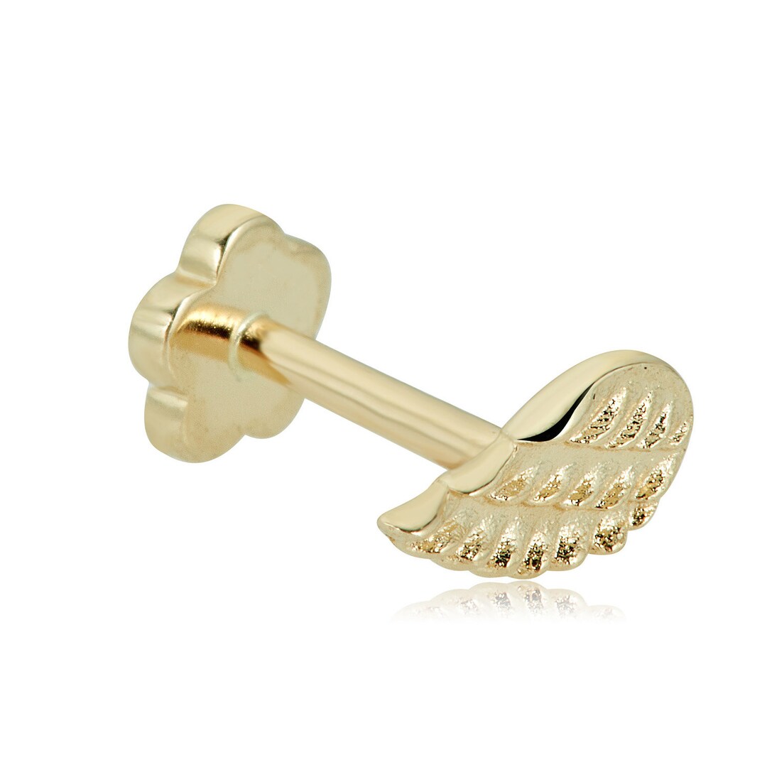14K Gold Angel Wing Cartilage Piercing Flat Back Earring Body Jewelry ...